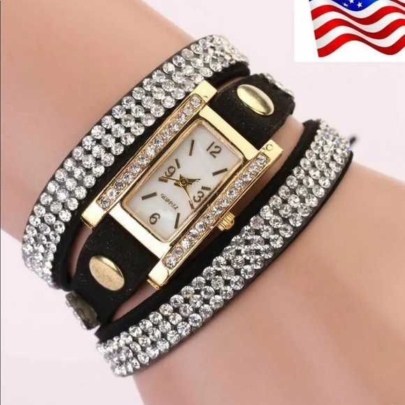 Accessories | Bling Rhinestone Jeweled Bracelet Watch Black | Poshmark